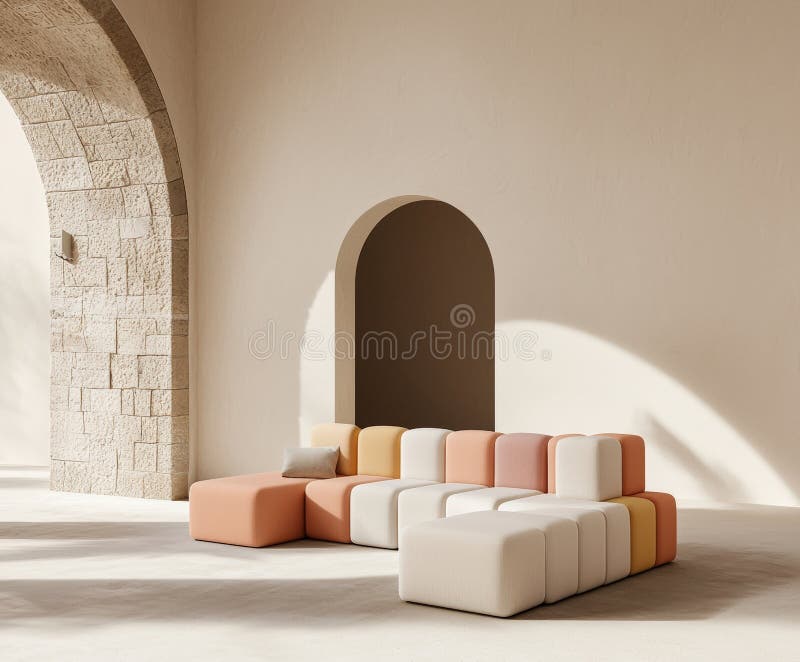 Modern Living Room Featuring Modular Couch in Soft Pastel Colors ...