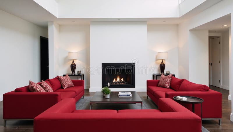 A Modern Living Room Featuring Red Sofas Around a Warm Fireplace Stock ...