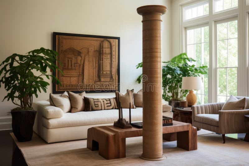 Modern Living Room Featuring a Single Antique Column As a Centerpiece ...