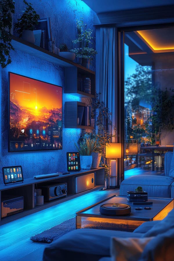 Modern Smart Home Entertainment System Illuminated Devices Cozy Living ...