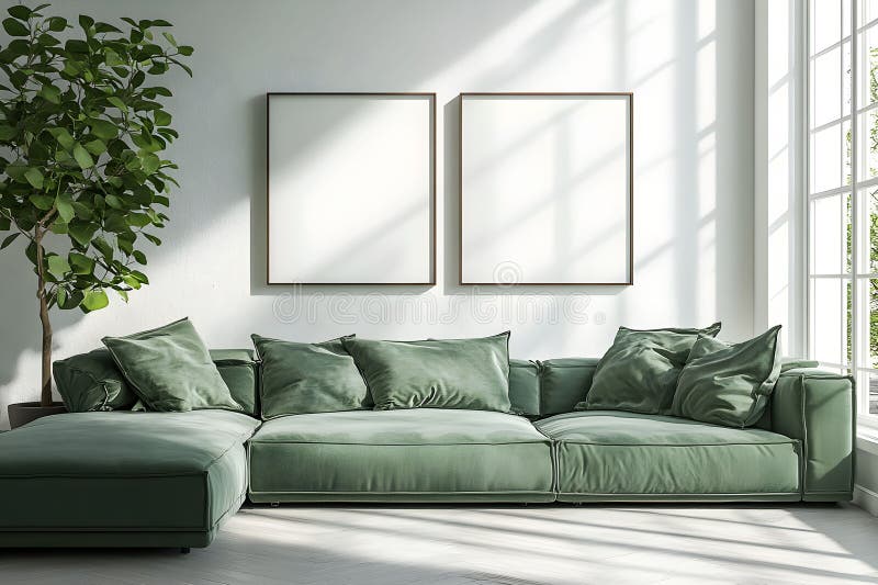 A Modern Living Room Featuring a Stylish Green Sectional Sofa, Ample ...