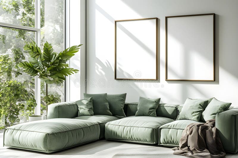 A Modern Living Room Featuring a Stylish Green Sectional Sofa, Ample ...