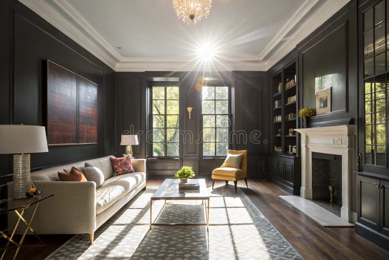 Modern Living Room with Sun Rays and Dark Classic Walls Stock ...