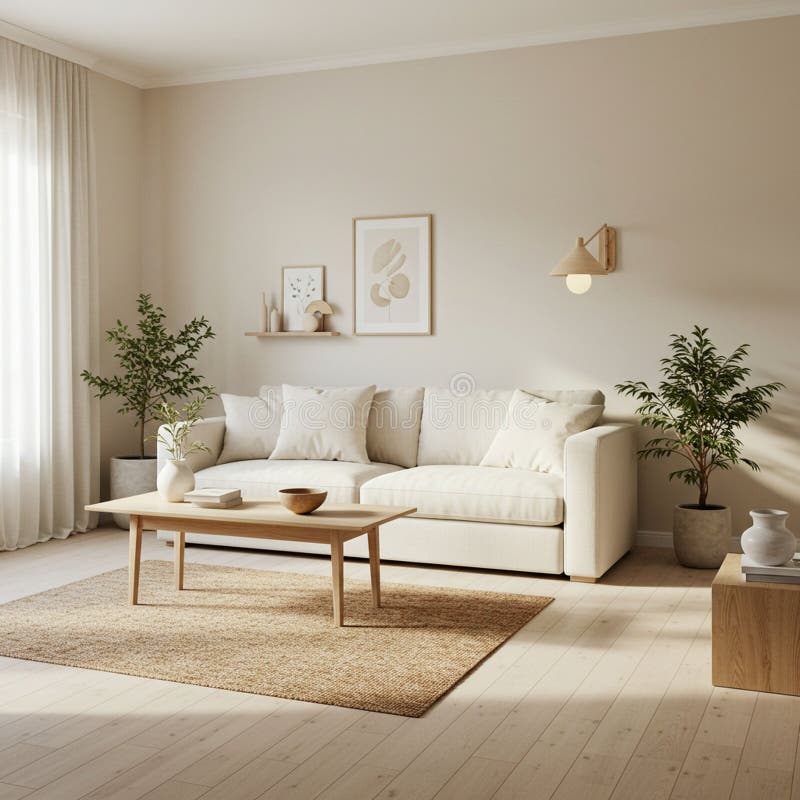 Modern Living Room Featuring a White Sofa with Multiple Cushions ...