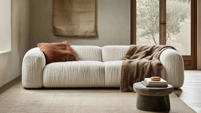 A Modern Living Room Featuring a White, Textured Sofa with Soft ...