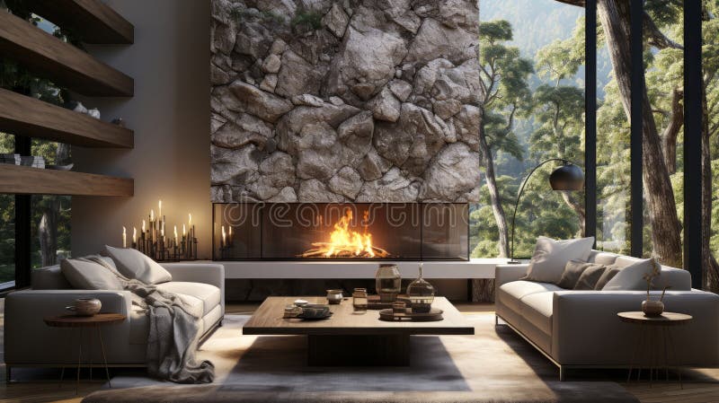 Modern Living Room with Fireplace. Generative AI. Stock Illustration ...