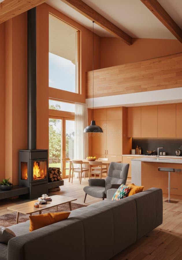 A Modern Living Room with a Fireplace, Kitchen, and an Open-plan Design ...