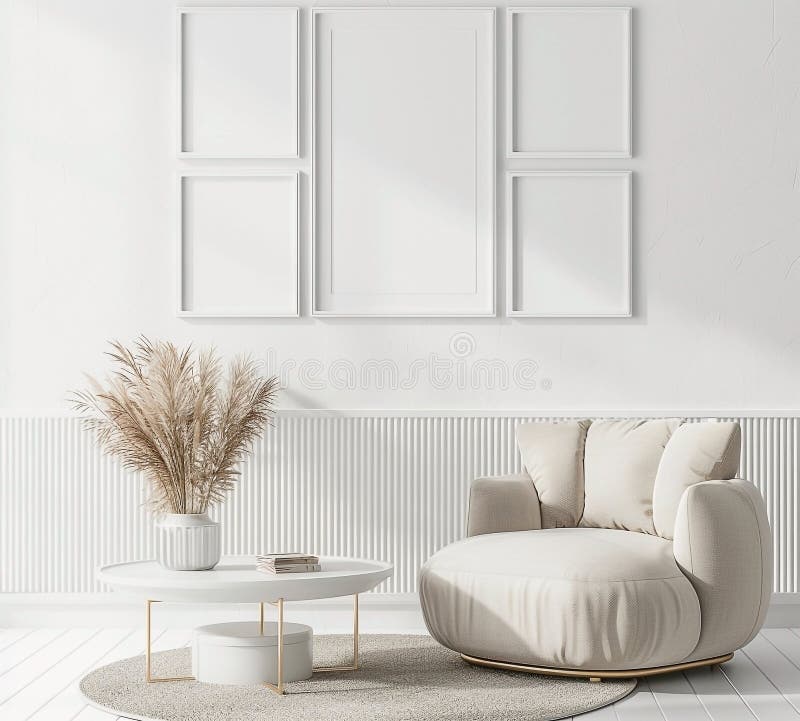 Modern Living Room with Five Blank Vertical Frames on Wall Stock ...