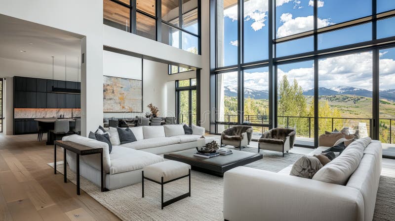 A Modern Living Room with Floor-to-ceiling Windows in a High-end Home ...