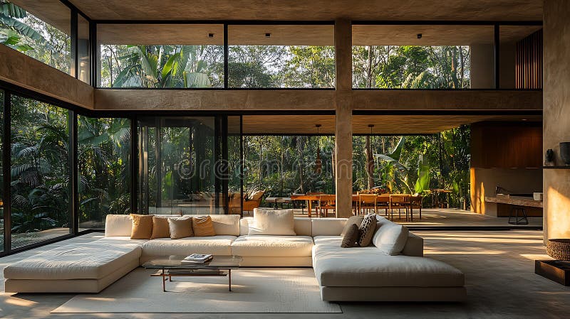 Modern Living Room with Windows Overlooking the Forest Stock ...