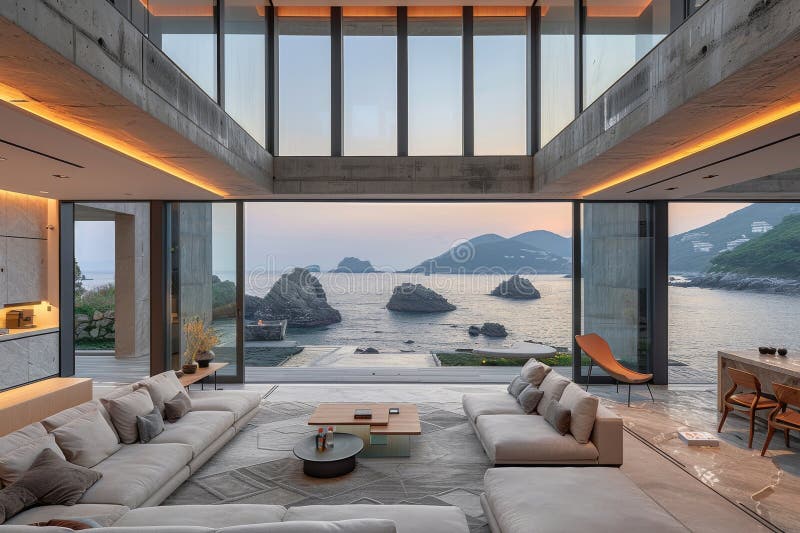 Modern Living Room with Floor To Ceiling Windows and a Panoramic Ocean ...
