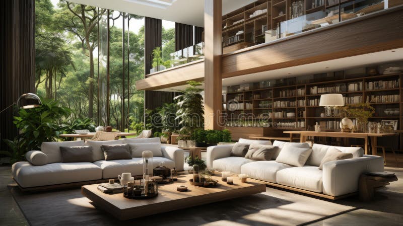 Modern Living Room with the Forest in the Natural Stock Illustration ...
