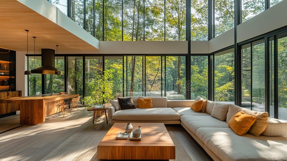 Modern Living Room with Forest View, Interior Design Stock Illustration ...