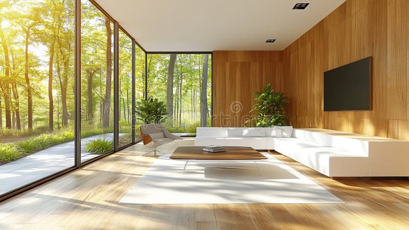 Modern Living Room with Forest View, Relaxing, Sunlight Streams in ...