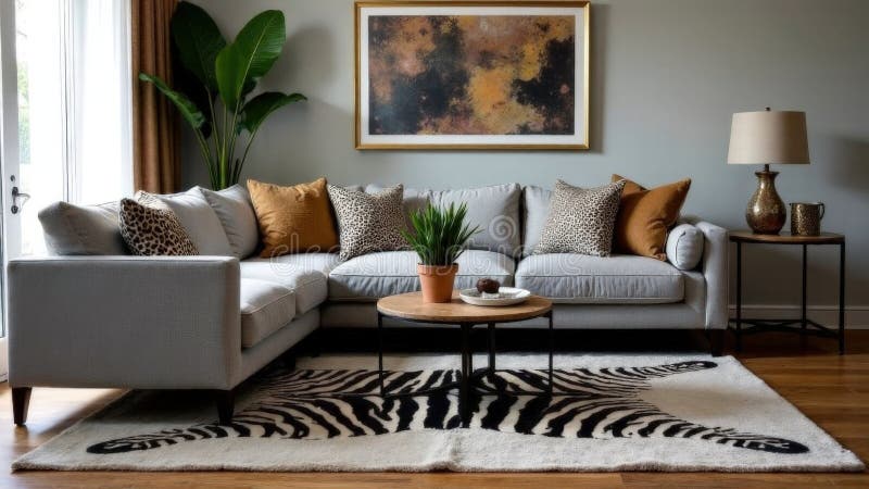 Modern Living Room with Gray Sofa and Zebra Print Rug Stock Photo ...