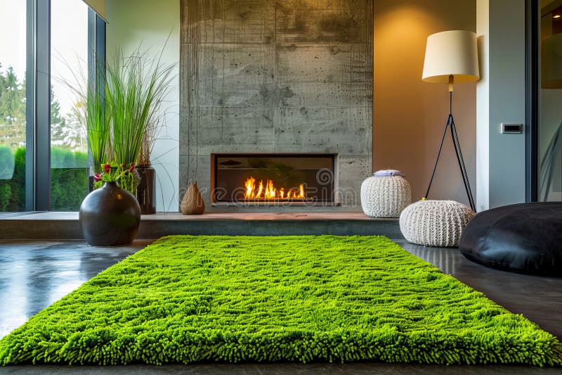 A Modern Living Room with a Green Rug and Fireplace Stock Photo - Image ...