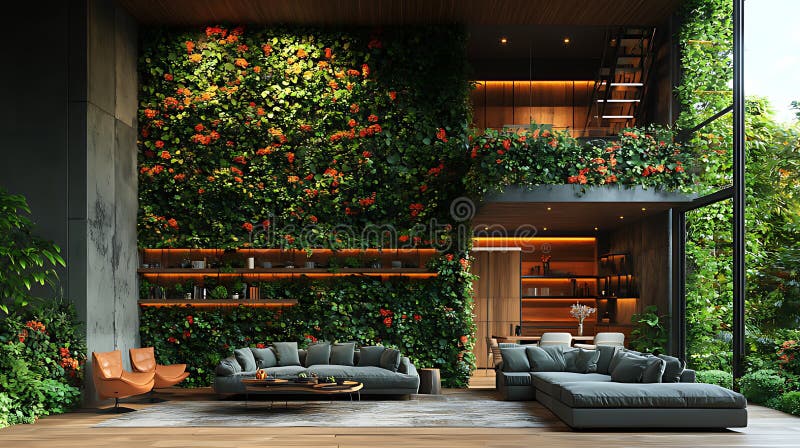 Modern Living Room with a Green Wall and Large Windows Stock ...