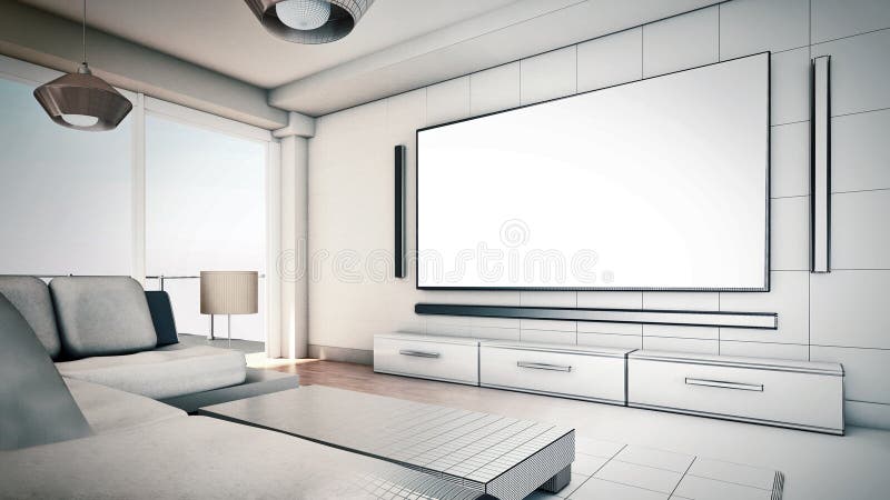 Modern Living Room Half Wireframe Half Standard Rendering. 3D ...