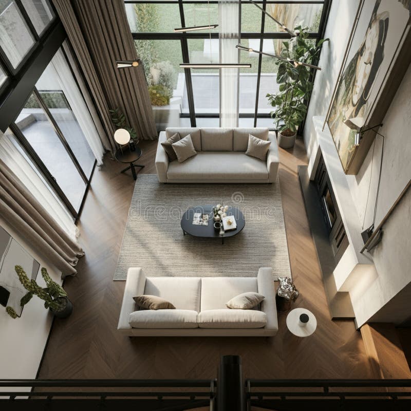 Modern Living Room with a High Ceiling and Large Windows, Letting in ...