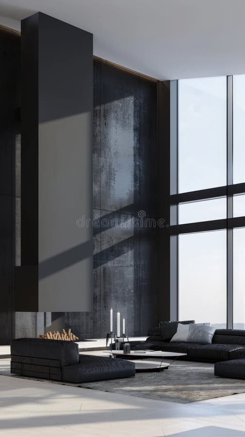 Modern Living Room with High Ceiling and Large Windows, Minimalist ...