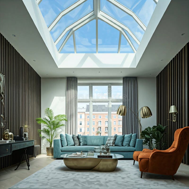 Modern Living Room with a High Ceiling and Skylight, Plush Seating, and ...