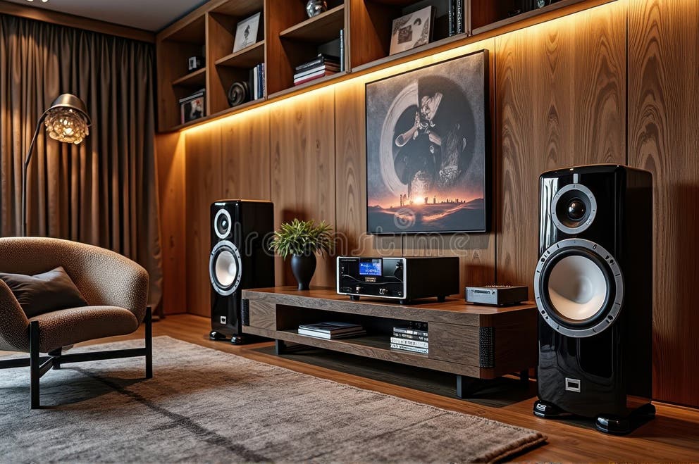 Modern Living Room with High-end Audio System and Elegant Decor Stock ...