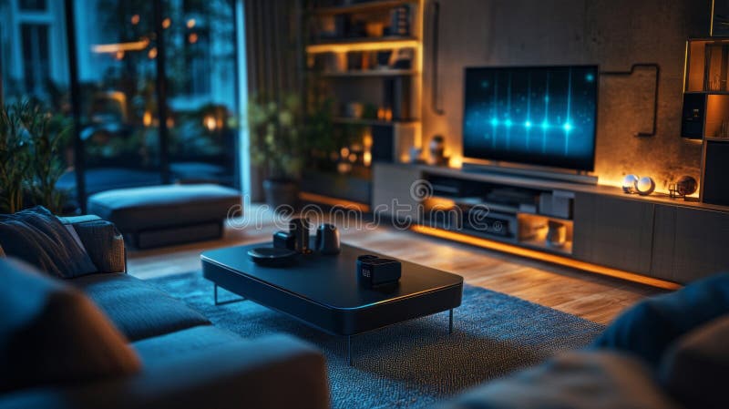 Modern Living Room with Home Entertainment System at Night Stock ...