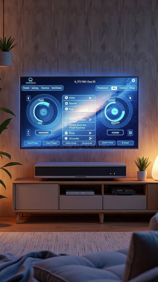 Modern Living Room with Illuminated Smart Tv Interface Stock Photo ...