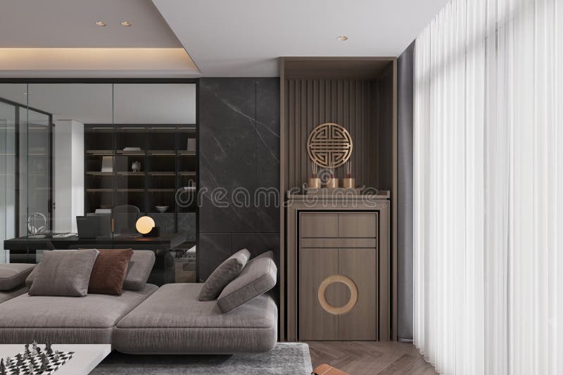 Modern Living Room and Integrated with a Tiny Temple Near the Window ...