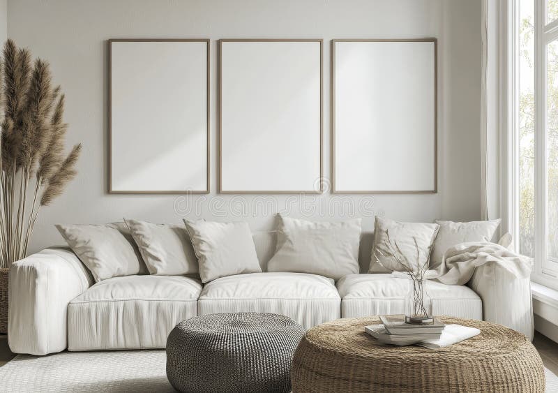 Modern Living Room Interior with Blank Frames and Neutral Decor Stock ...
