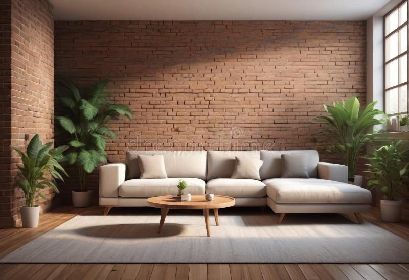 A Modern Living Room Interior with a Brick Wall Stock Illustration ...
