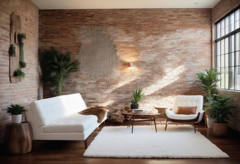 A Modern Living Room Interior with a Brick Wall Stock Illustration ...
