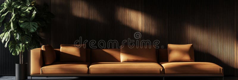 Modern Living Room Interior with Brown Leather Sofa, Sunlight and ...