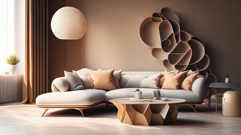 Modern Living Room Interior with Brown Sofa, Coffee Table and Coffee ...