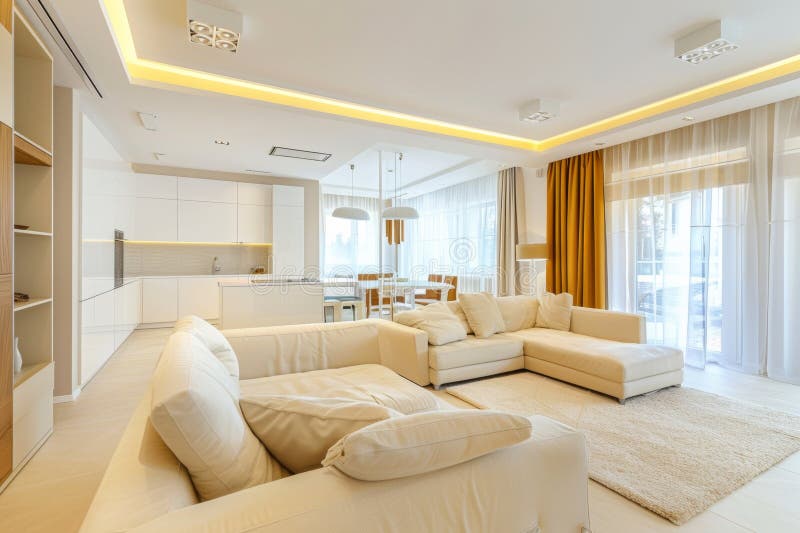 Modern Living Room Interior with Comfortable Sofa and Bright Kitchen ...