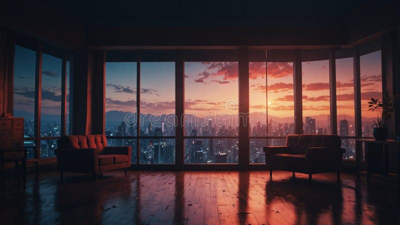 Modern Living Room Interior with Cozy Seating and Panoramic Cityscape ...