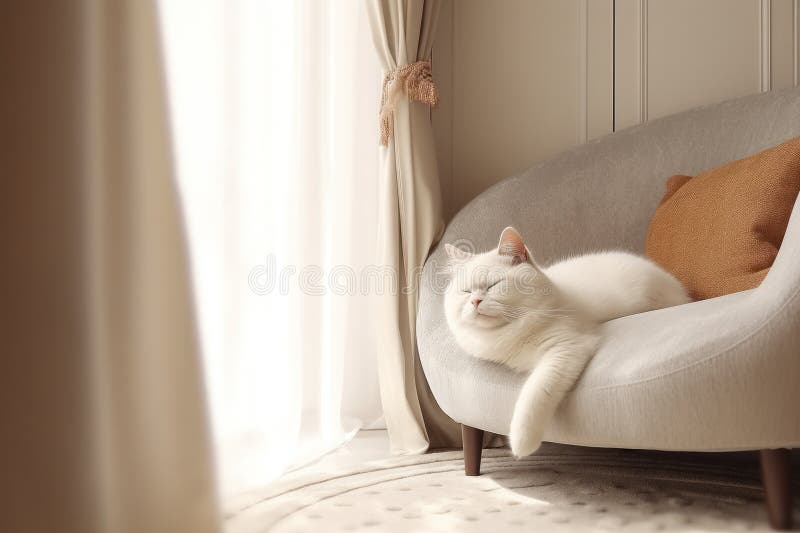 Modern Living Room Interior Cute Cat Near Couch Stock Image - Image of ...