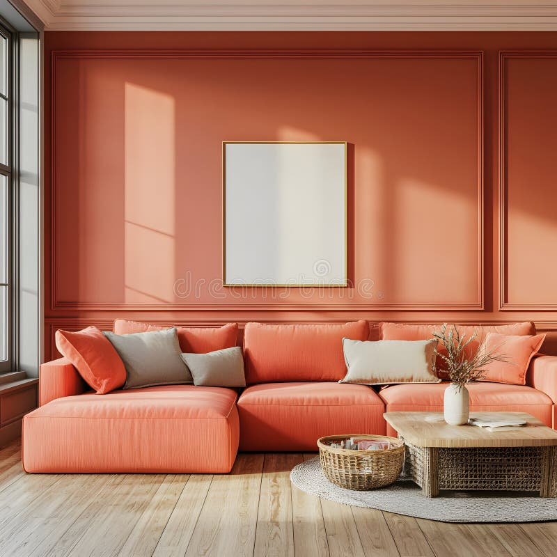 Modern Living Room Interior 3D Render with Coral Walls and Sectional ...