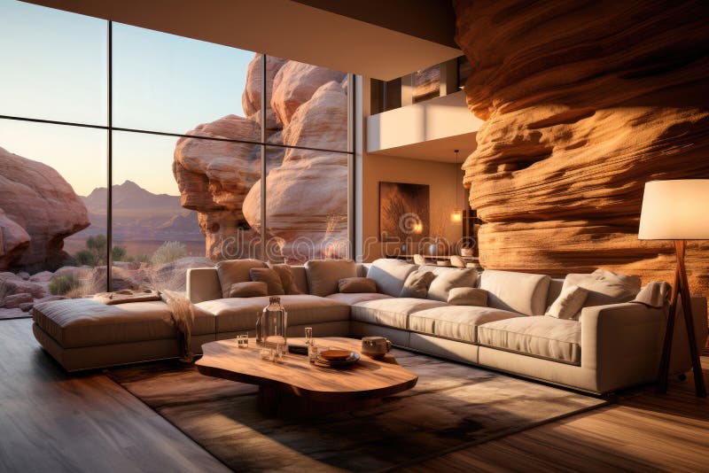 Modern Living Room Interior in Desert or Cave Style Stock Illustration ...