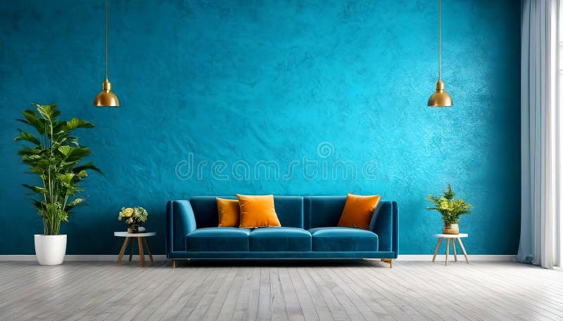 Modern Living Room Interior Design and Blue Wall Texture Background ...