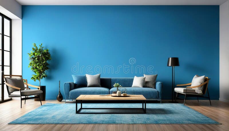 Modern Living Room Interior Design and Blue Wall Texture Background ...