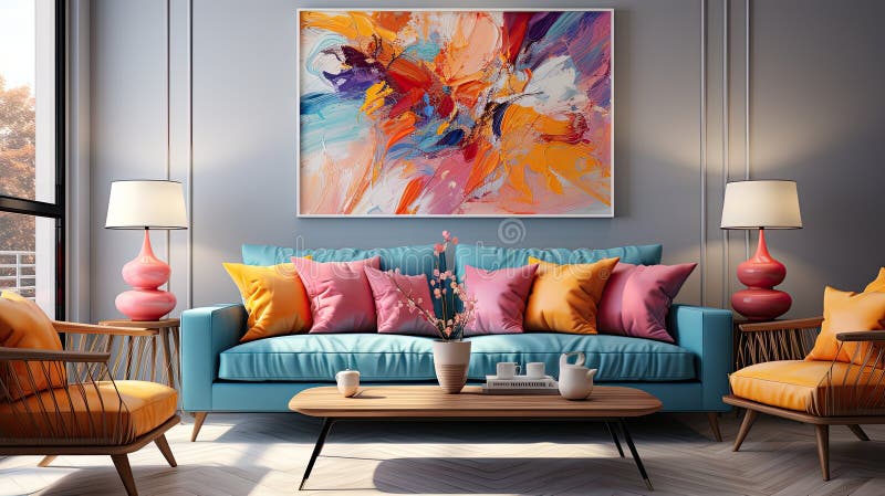 Modern Living Room Interior Design with Colorful Canvas and Sofa Stock ...