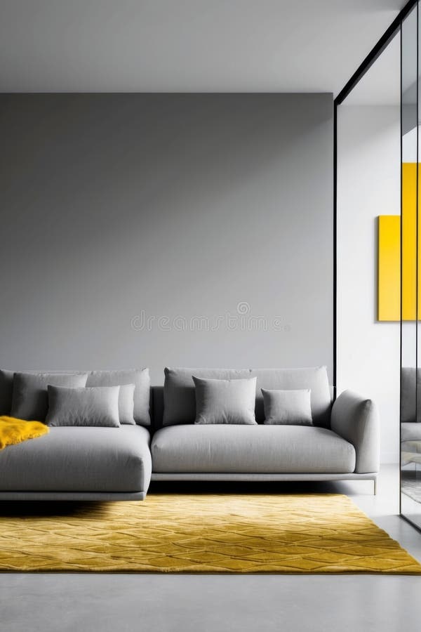 Modern Living Room Interior Design with Grey and Yellow. Stock Image ...
