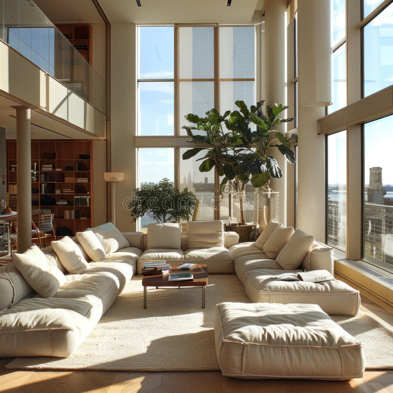Modern Living Room Interior Design with Large Windows and Sectional ...
