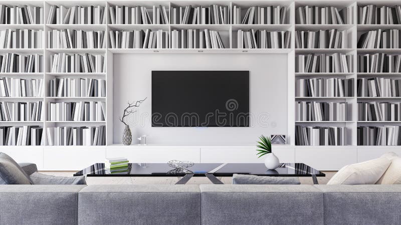 Modern Living Room, Interior Design with Library 3D Render Stock ...