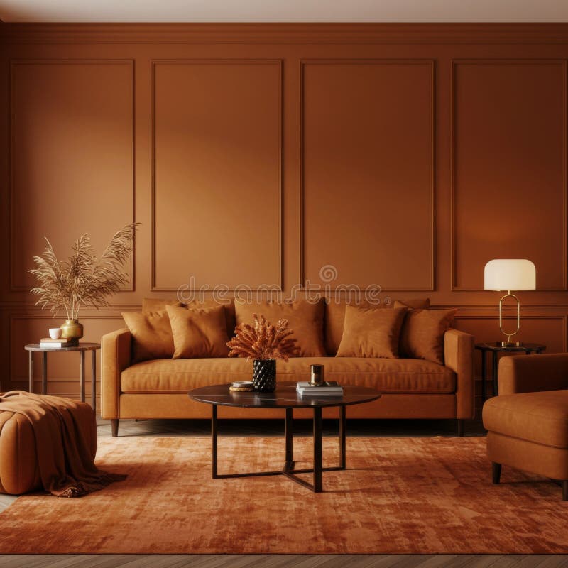 Modern Living Room Interior Design with Orange Sofa and Warm Lighting ...