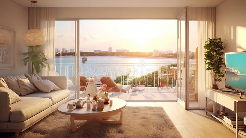 Modern Living Room Interior Design with Sea View. 3D Rendering Stock ...