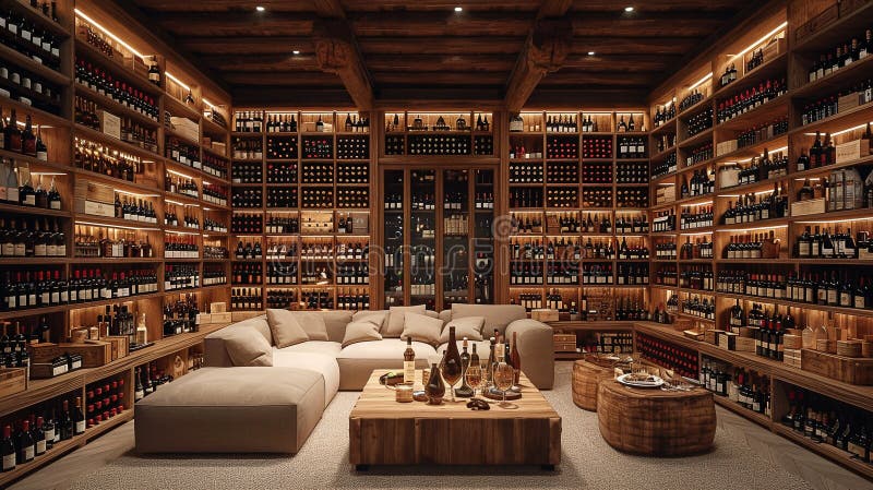 Modern Living Room Interior Design with a Sofa, Wine Bottles, and Wine ...