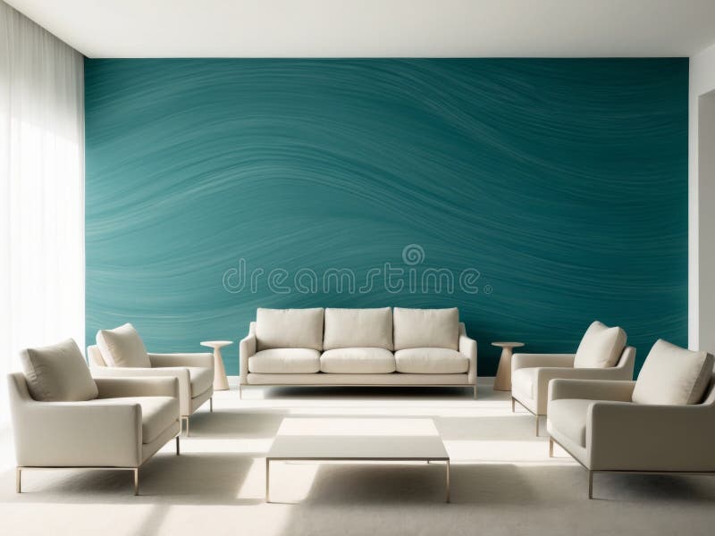 Modern Living Room Interior Design with Teal Wave Wall. Stock Photo ...