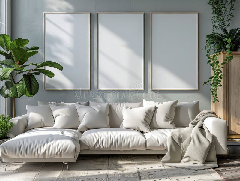 Modern Living Room Interior Design with White Sectional Sofa and Three ...